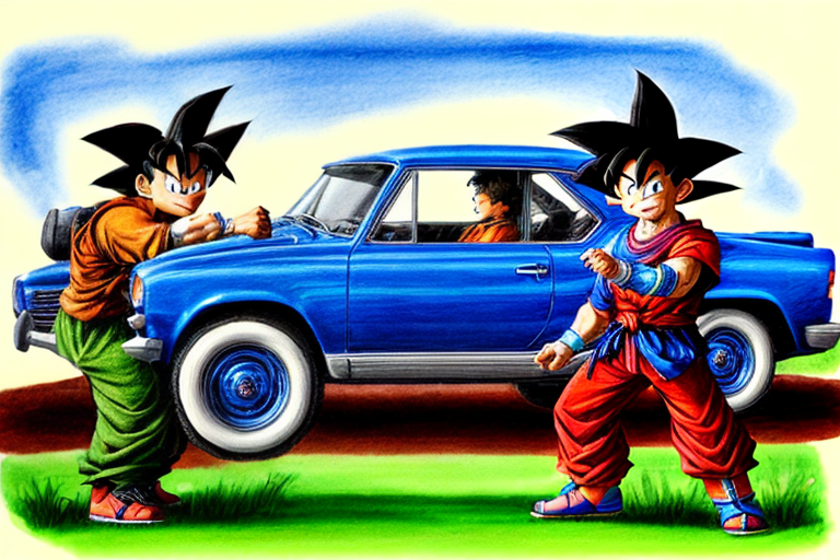 Goku with a car in his right hand and his mother looting a pencil