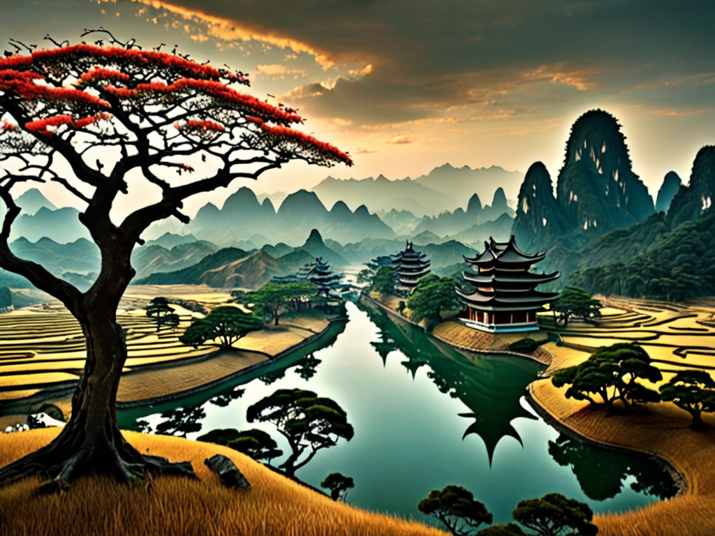 surreal asian demon landscape surreal art