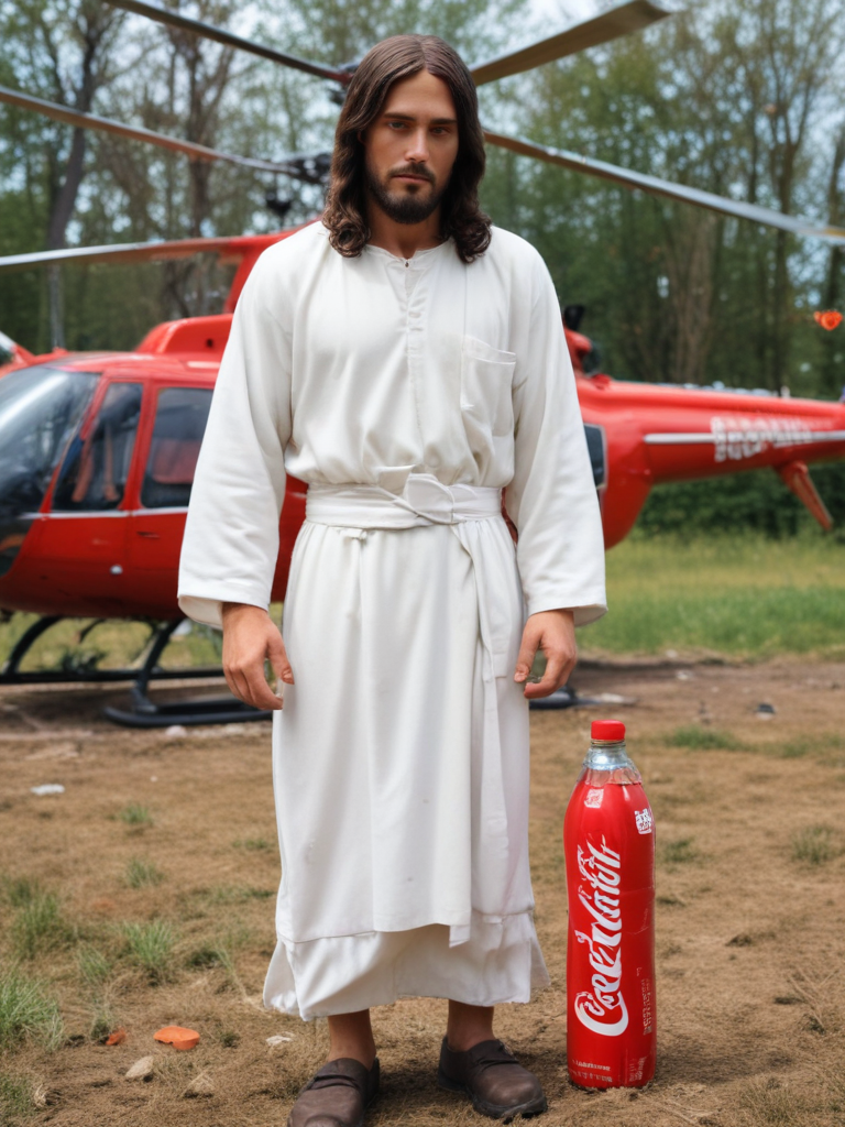 jesus standing infront of a helicopter made of coke bottles next to a ...