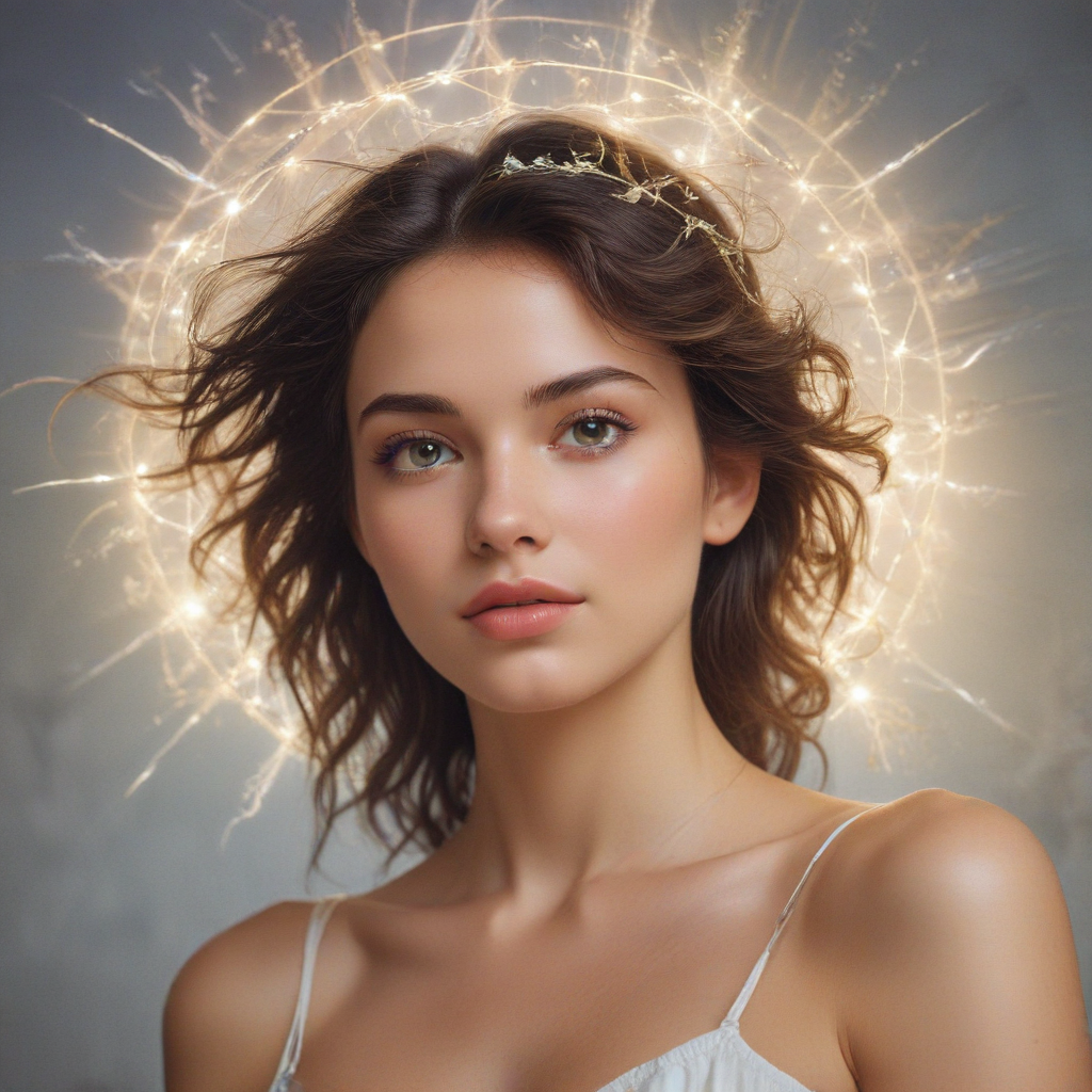 Radiant Portrait of a Young Woman Surrounded by Ethereal Light Halo