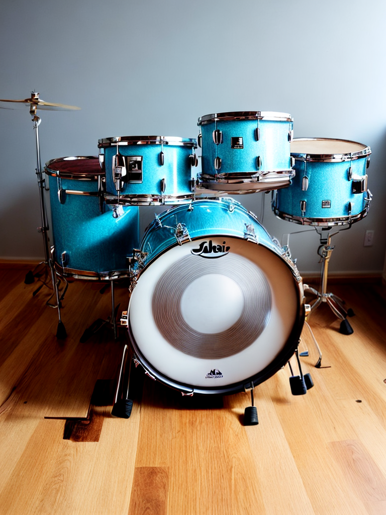 Light blue musical drums on a wooden floor inside a room