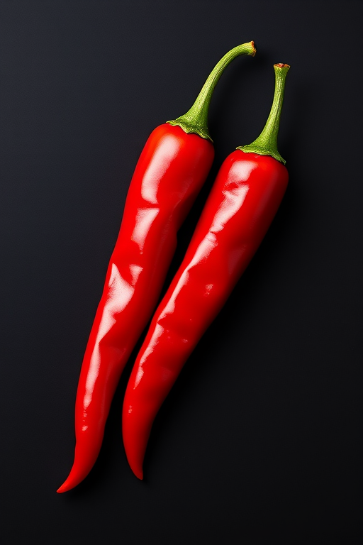 Two Vibrant Red Chili Peppers Resting on a Sleek Black Surface