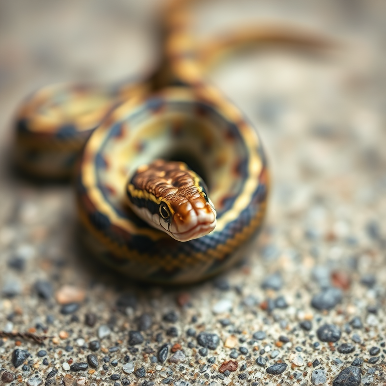 Capture a close-up of a coiled snake on a textured surface, using a ...
