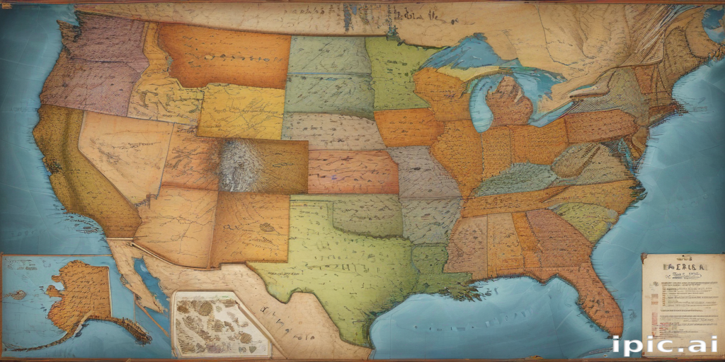 Colorful Historical Map of the United States with State Boundaries and ...