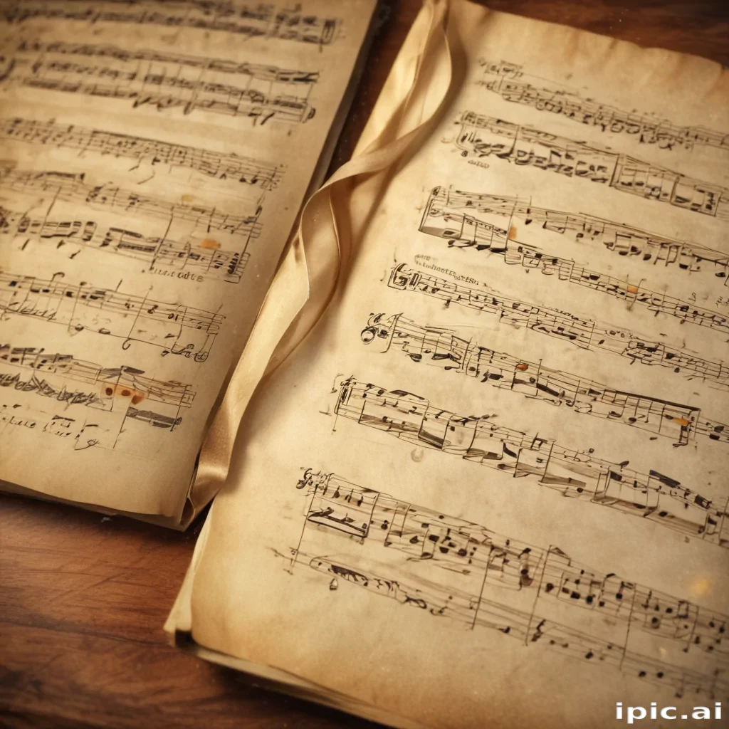 Ancient Sheet Music Pages with Notes and Stains on Wooden Surface.