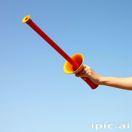 A Colorful Hand Holding a Playful Toy Plunger Against a Clear Sky.