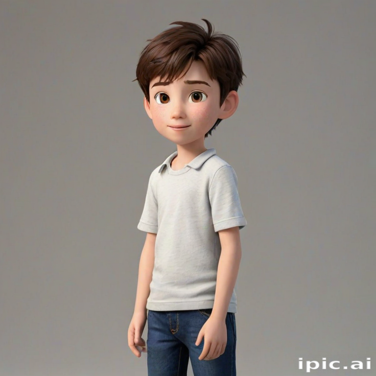 Charming Animated Boy with Brown Hair Wearing a Casual Light Gray Shirt