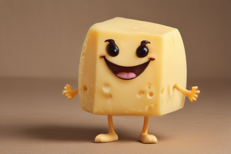 A Big cheese with legs arms and a smile on its face