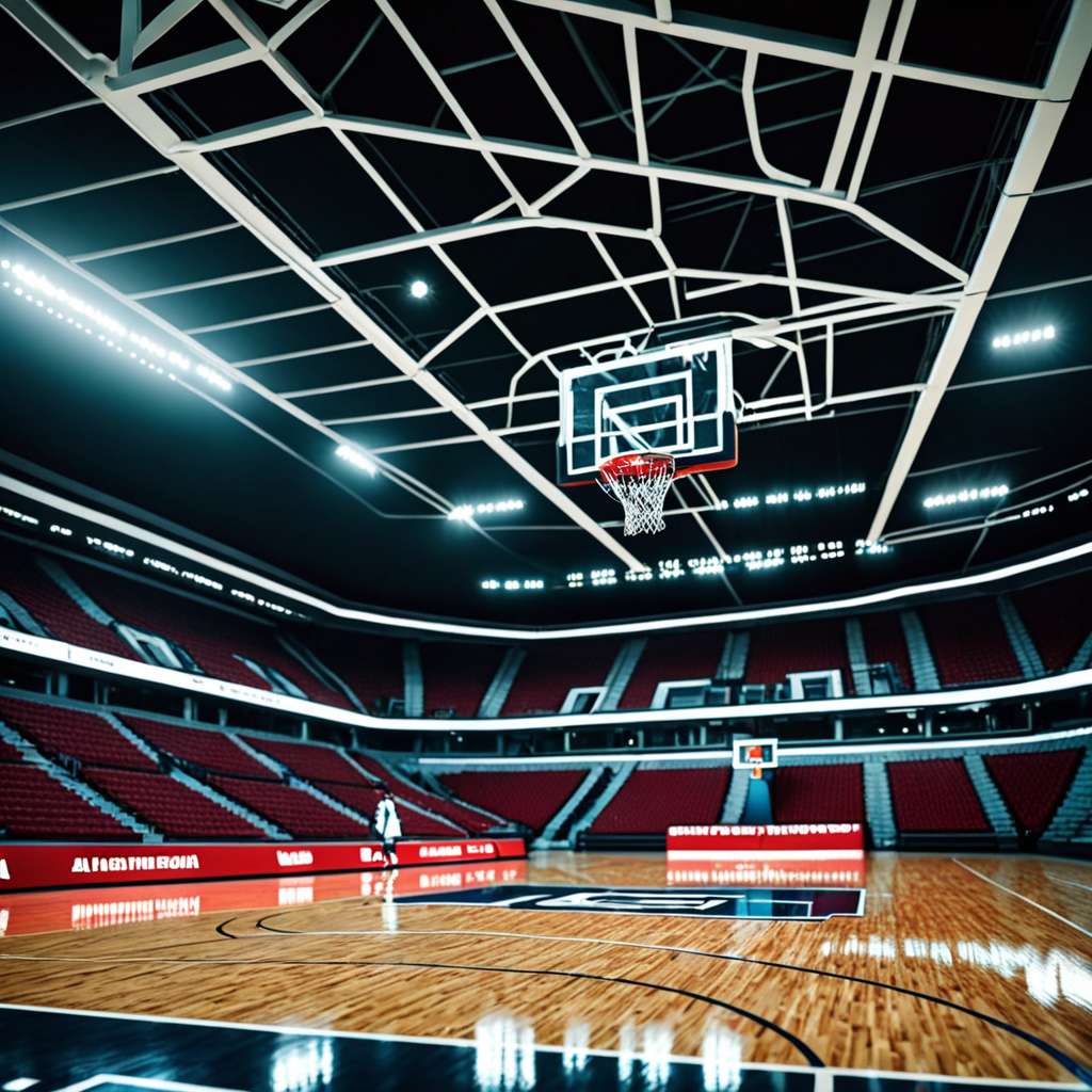 ultra realistic indoor basketball arena, perfect lines, low angle ...