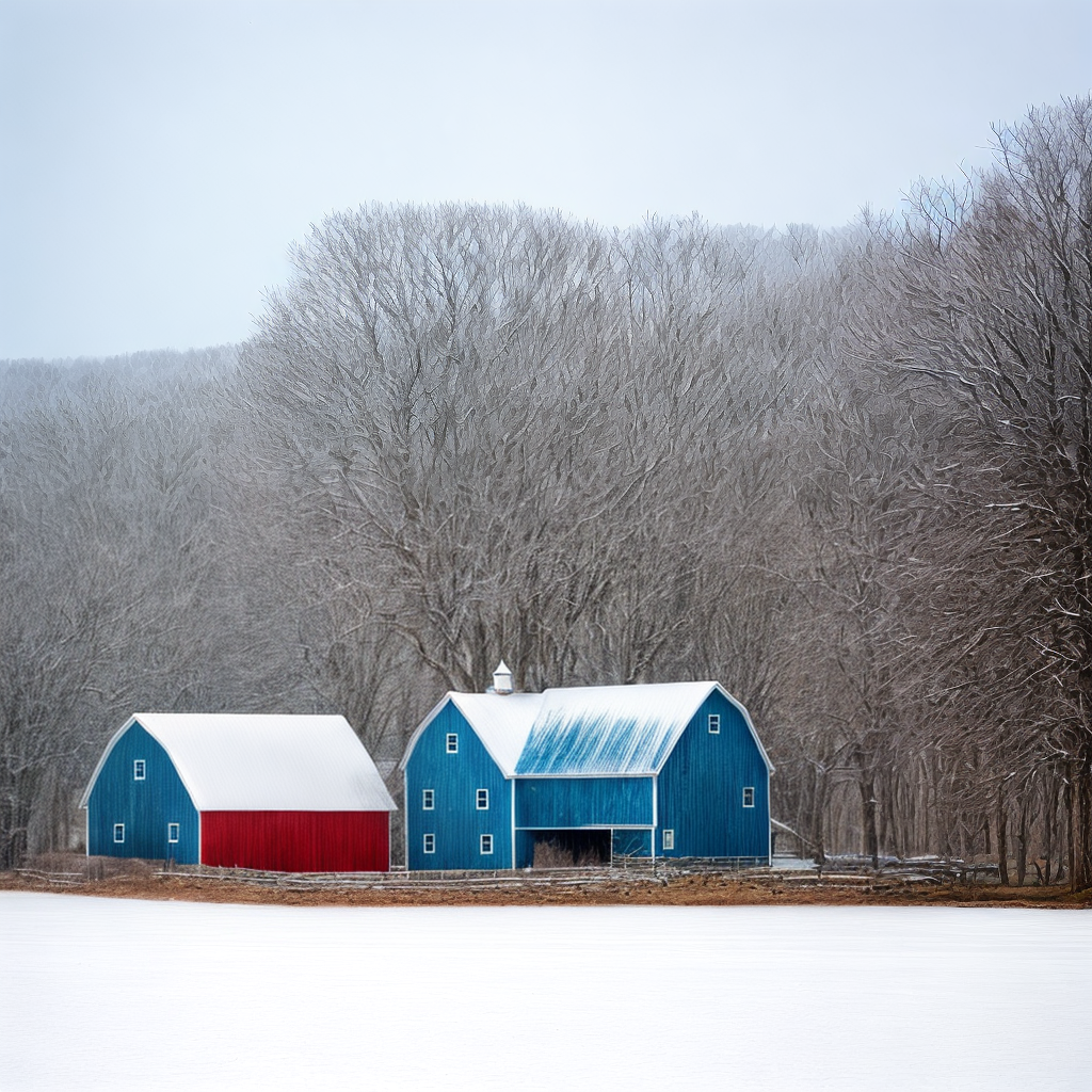 Water color, blue farmhouse barn, snowman, snowing