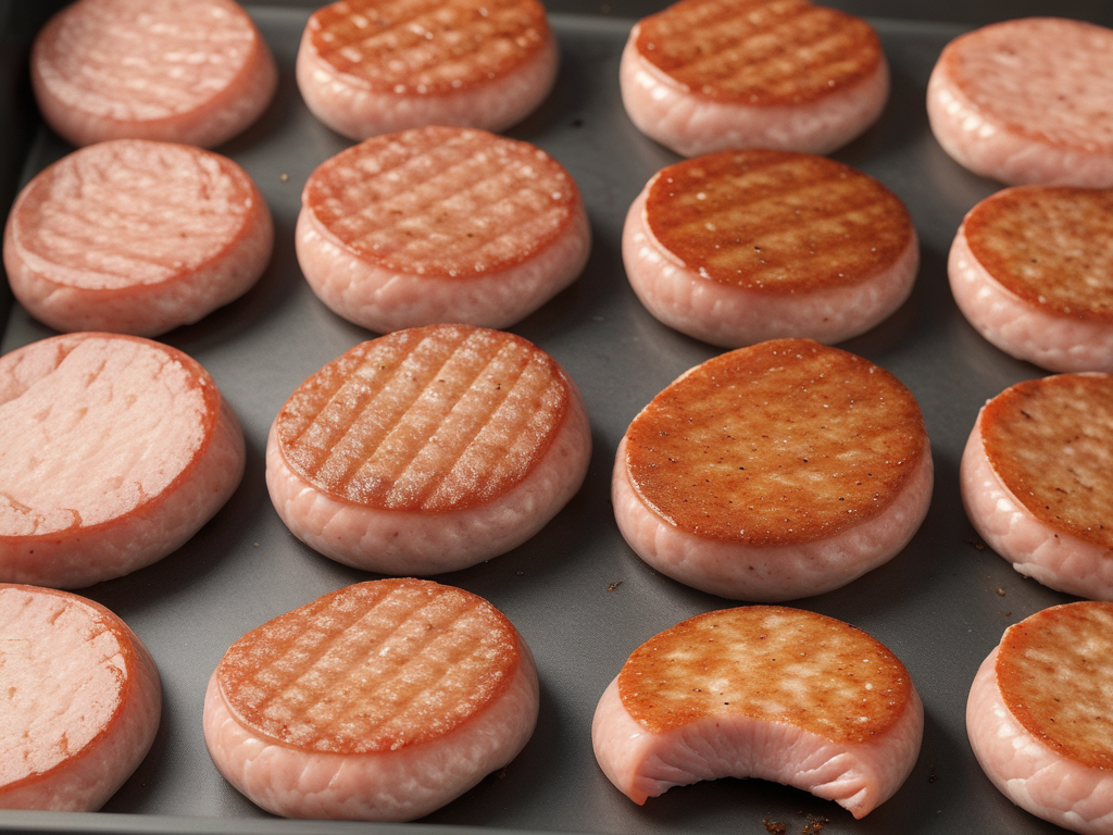 Deliciously Grilled Slices of Spam Cooking on a Metal Baking Tray