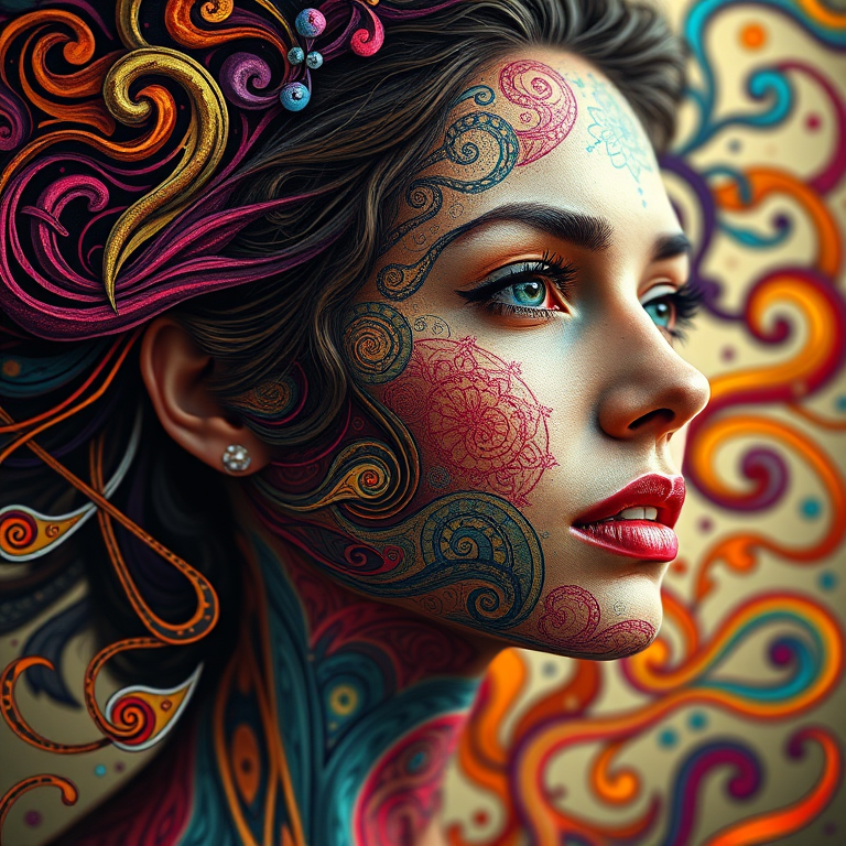 Vibrant Portrait Of A Woman Adorned With Colorful Intricate Patterns