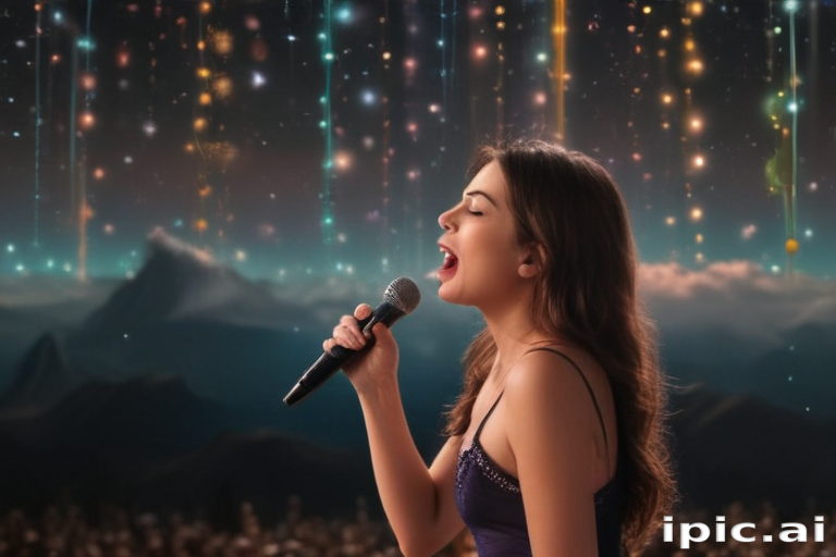Young Woman Singing Passionately Under a Starry Night Sky Background