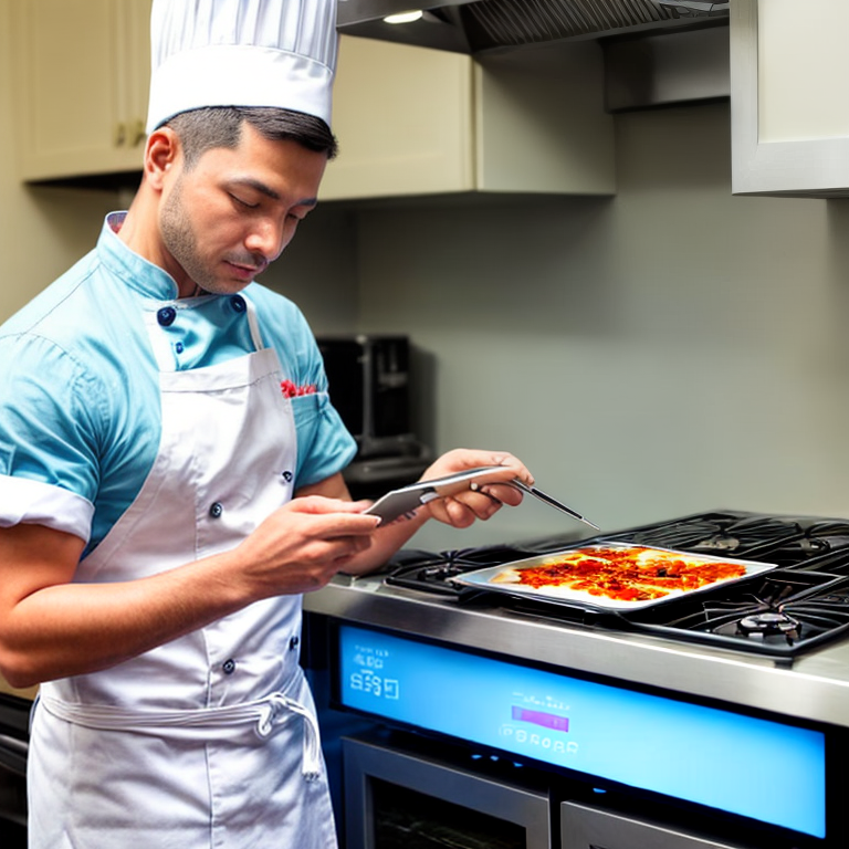 A chef in a professional kitchen checking the temperature of cooked ...