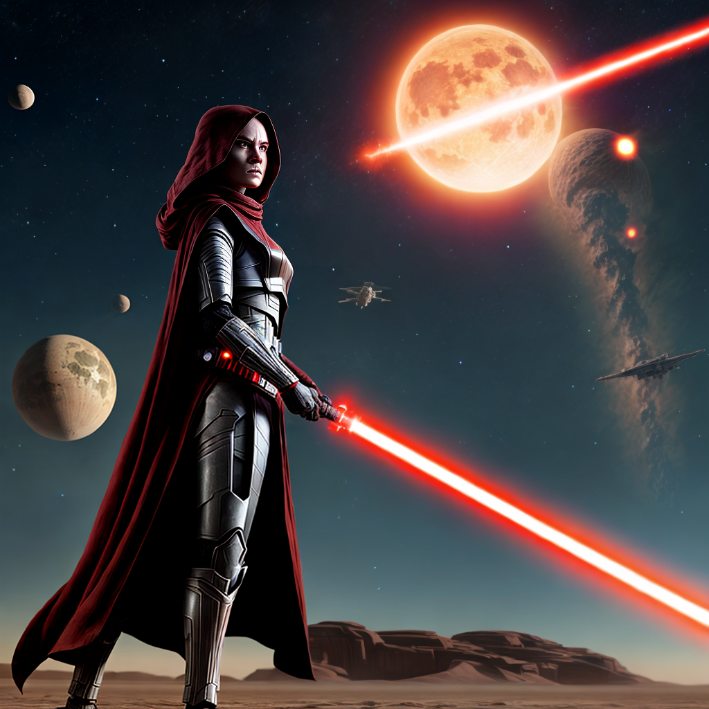 Female Sith with Red Lightsaber on a sandy planet with starship battle ...