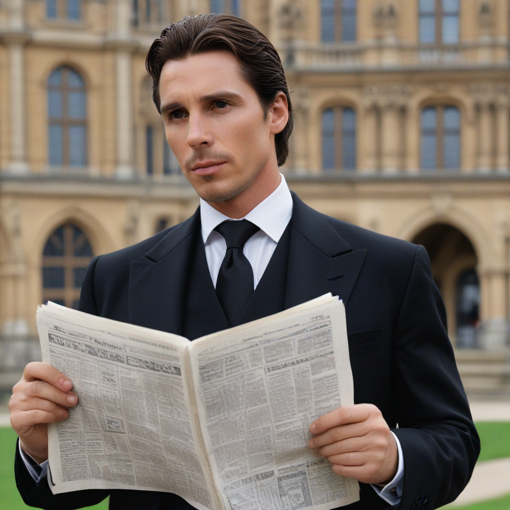 Christian Bale as bruce wayne in tuxedo, muscle, with a newspaper and ...