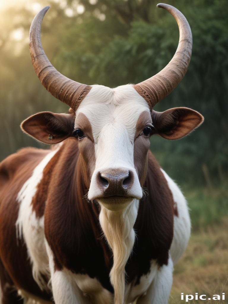 A Majestic Close-Up of a Brown and White Horned Cow in Nature.