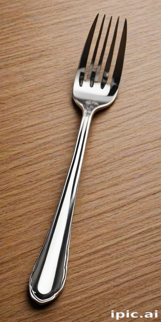 A Sleek and Shiny Fork Placed Elegantly on a Wooden Surface.
