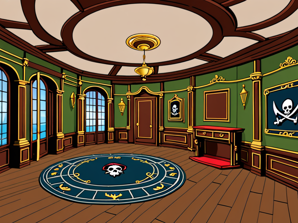 Interior of a empty living deсk of the pirate Captain Hook's ship from ...