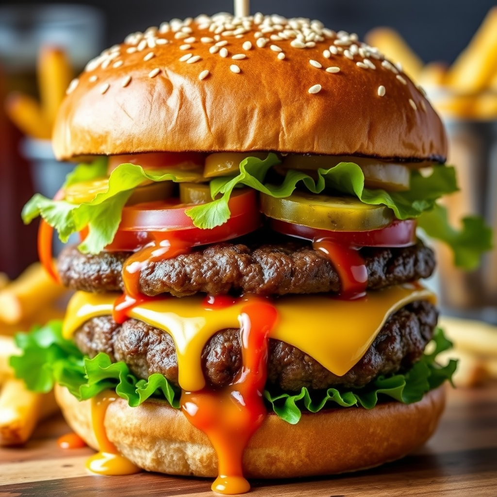 Delicious Triple Layer Burger with Fresh Vegetables and Golden Fries