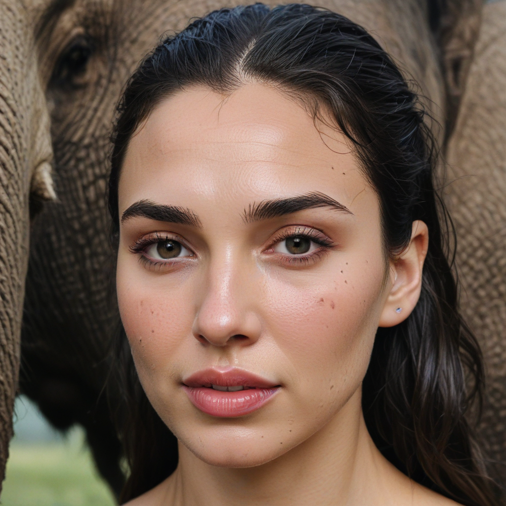 Gal gadot under an elephant. Wet face.