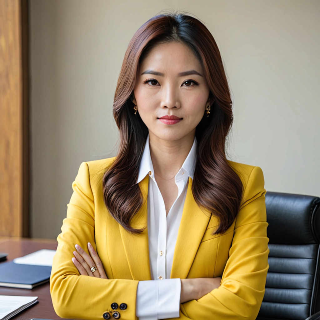 female lawyer with white shirt and yellow suit, white skin, darkbrown ...