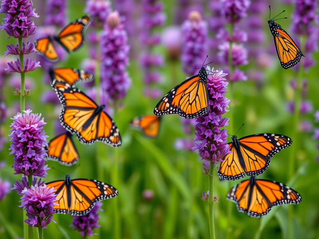A Vibrant Scene of Monarch Butterflies Dancing Among Colorful Purple ...