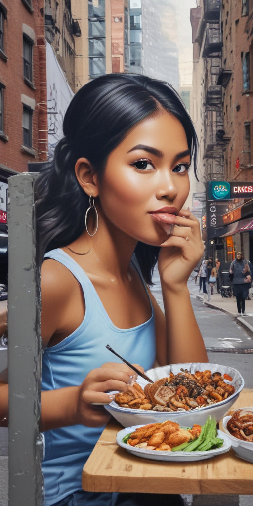 people eating filipino in new york, graffiti style mural art