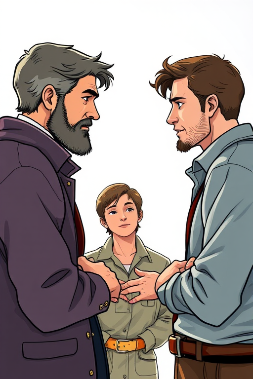 An Emotional Conversation Between Two Men with a Young Boy Listening