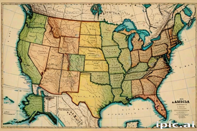 Historical Map of the United States Highlighting State Borders and Regions