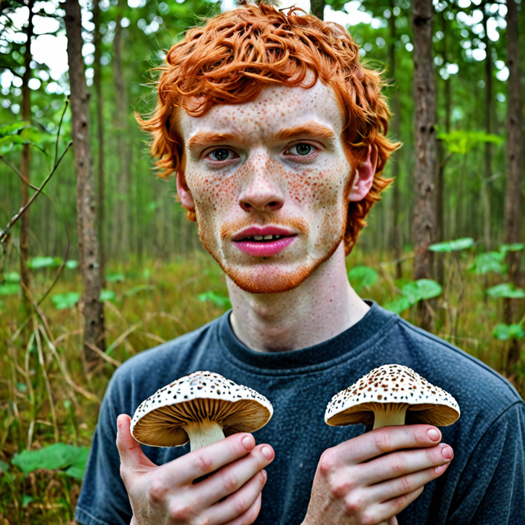 freckled ginger zoomer emo guy eating mushrooms