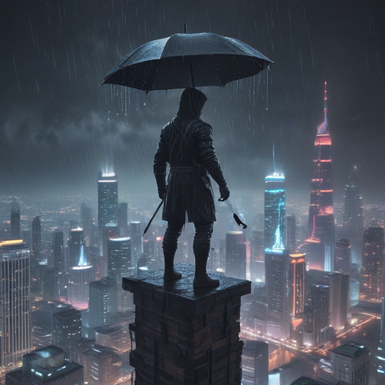 a ninja atop of a really tall building while holding an umbrella over ...