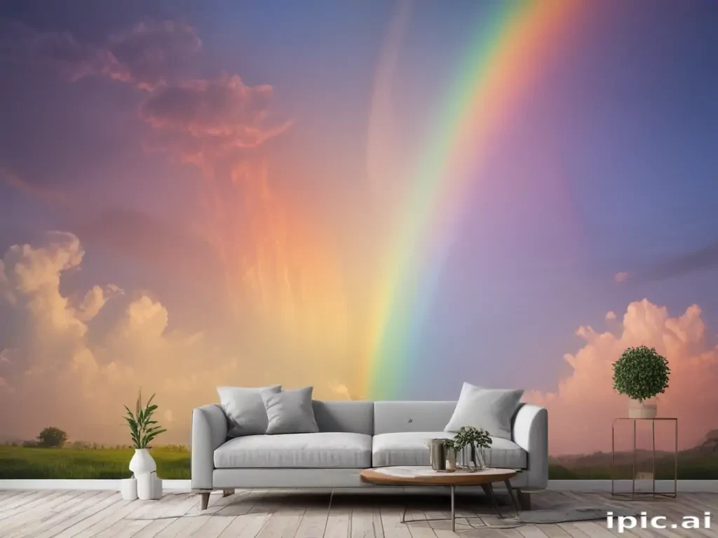 Serene Living Room with Stunning Rainbow and Colorful Sky Mural