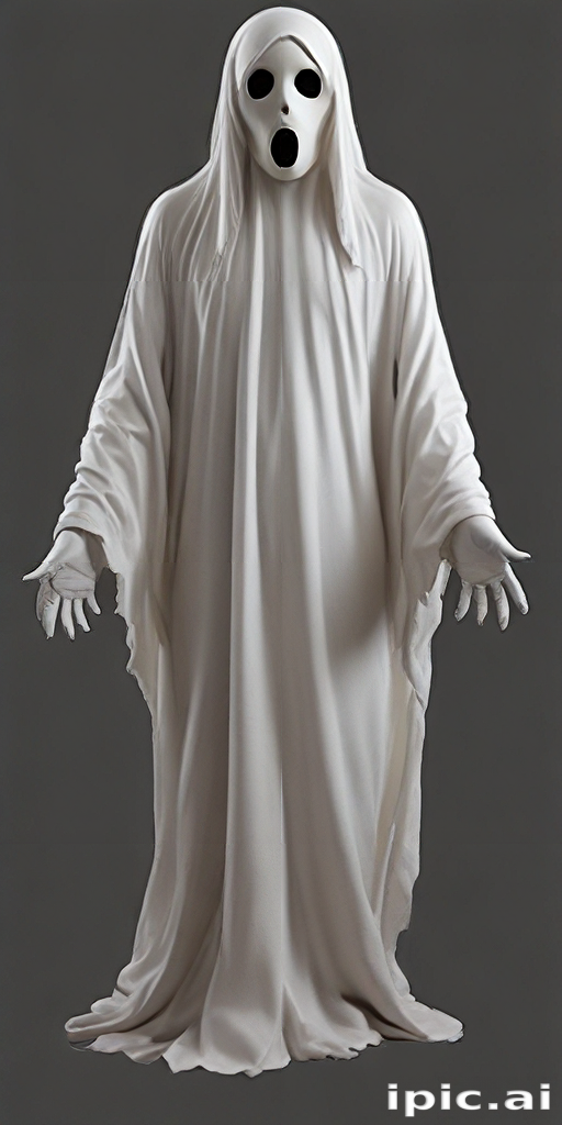Sinister Figure in White Robe with Ghostly Mask and Outstretched Arms