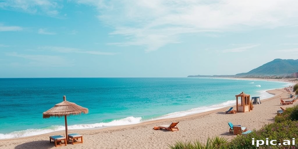 Tranquil Beach Scene with Sun Loungers and Clear Blue Waters