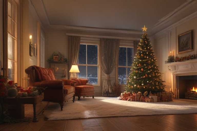Cozy Christmas Living Room Setting with Tree, Presents, and Warm Firelight