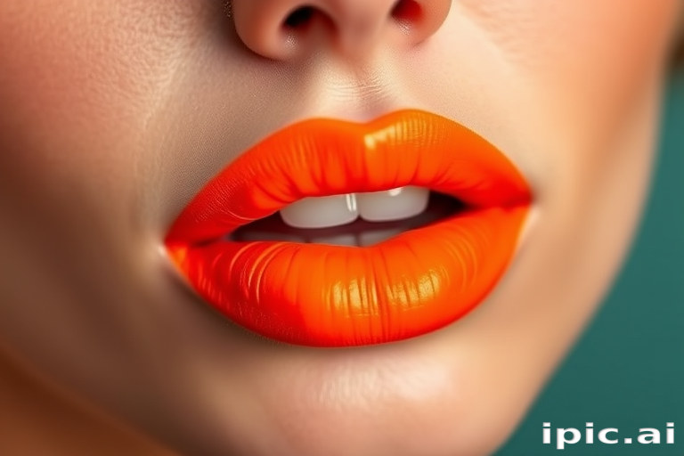 Close-Up of Bold Orange Lipstick on Beautifully Sculpted Lips and Smile