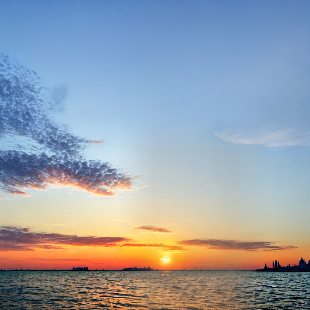 Sunset from out to see looking back on shoreline with venice like ...