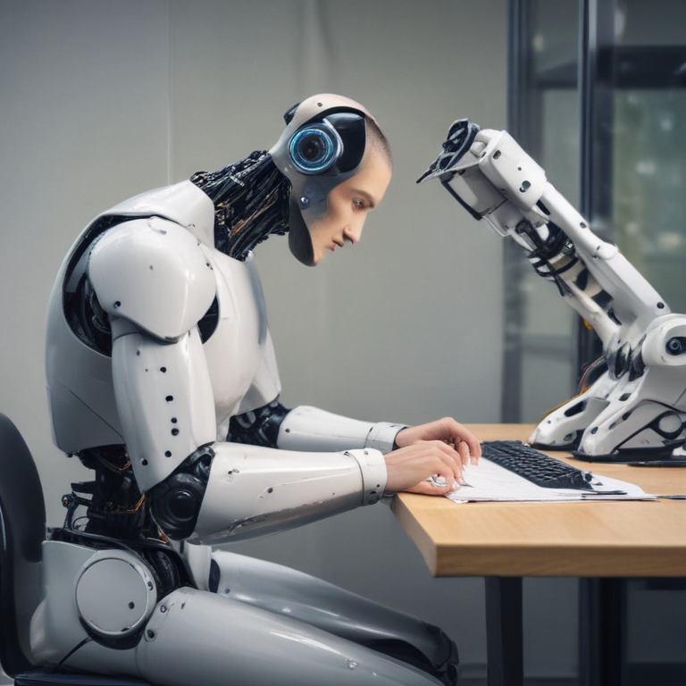 human copying exam answers off a robot taking the exam next to him