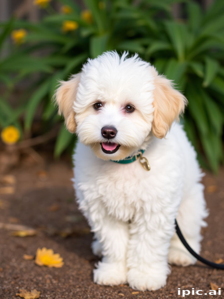 Adorable Fluffy Puppy with a Bright Smile Surrounded by Greenery