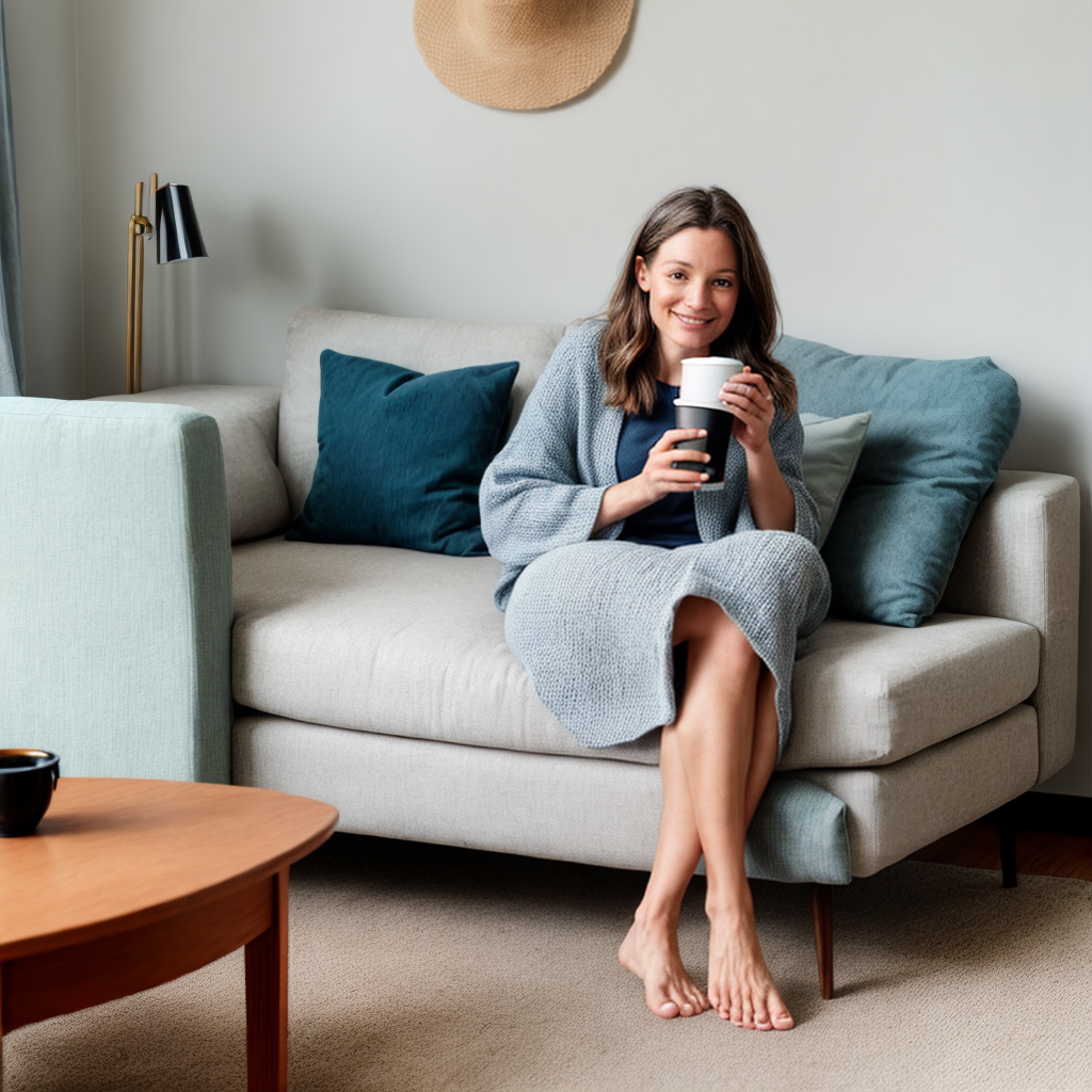 barefoot white woman, thirties or forties, sitting on couch, with ...
