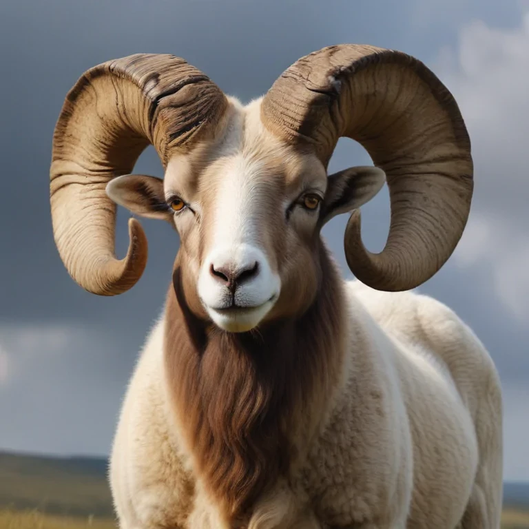 Majestic Ram with Impressive Curved Horns Against a Dramatic Sky Background