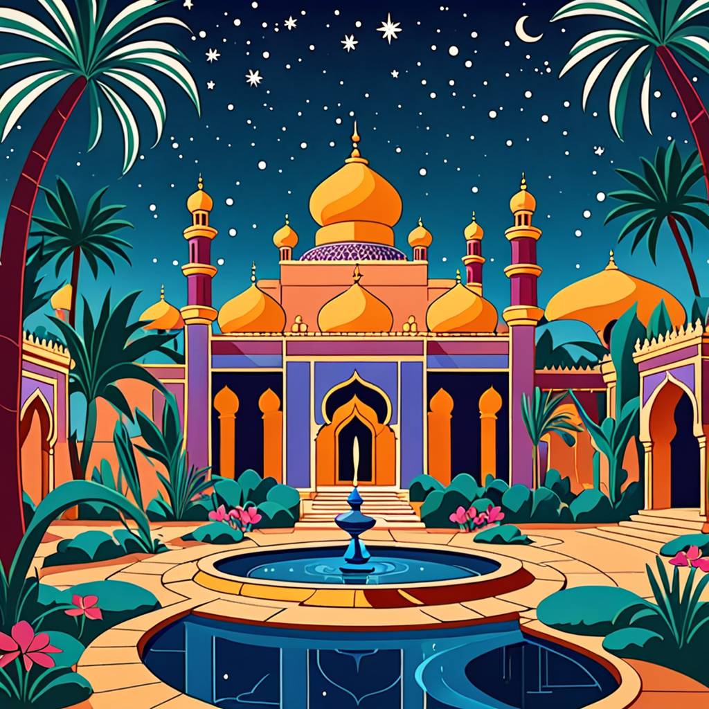 Garden of the Sultan of Agrabah from the cartoon Aladdin. Night. Flat ...