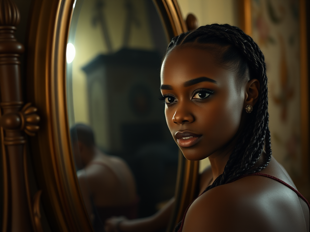 portrait of a woman with braided hair looking into a vintage mirror ...