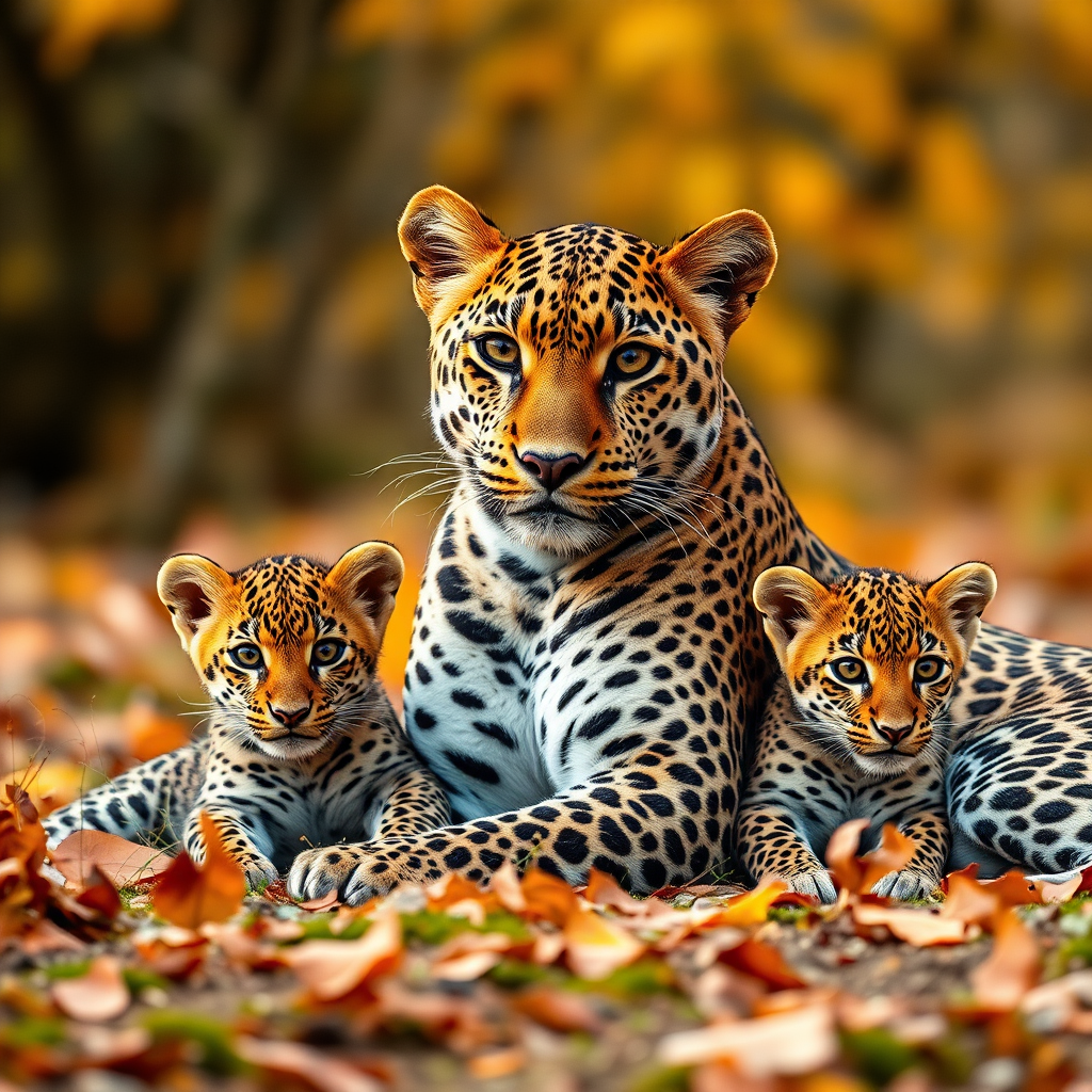 A Majestic Leopard Mother and Her Two Adorable Cubs in Autumn Leaves