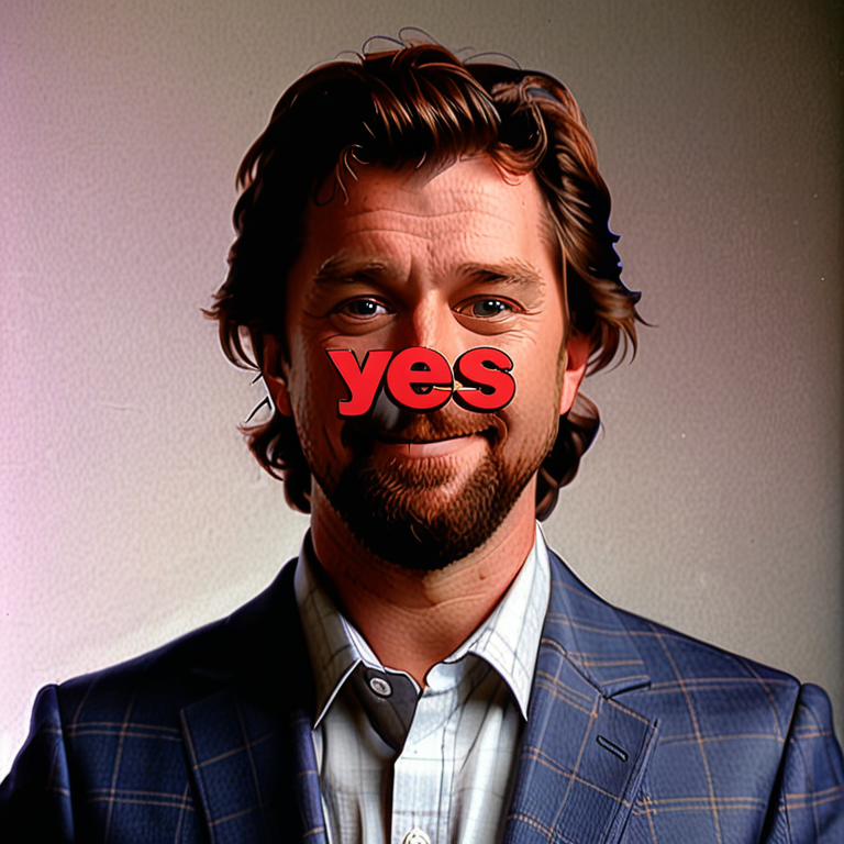 Confident Man in Suit with Bold 'Yes' Text Over His Face