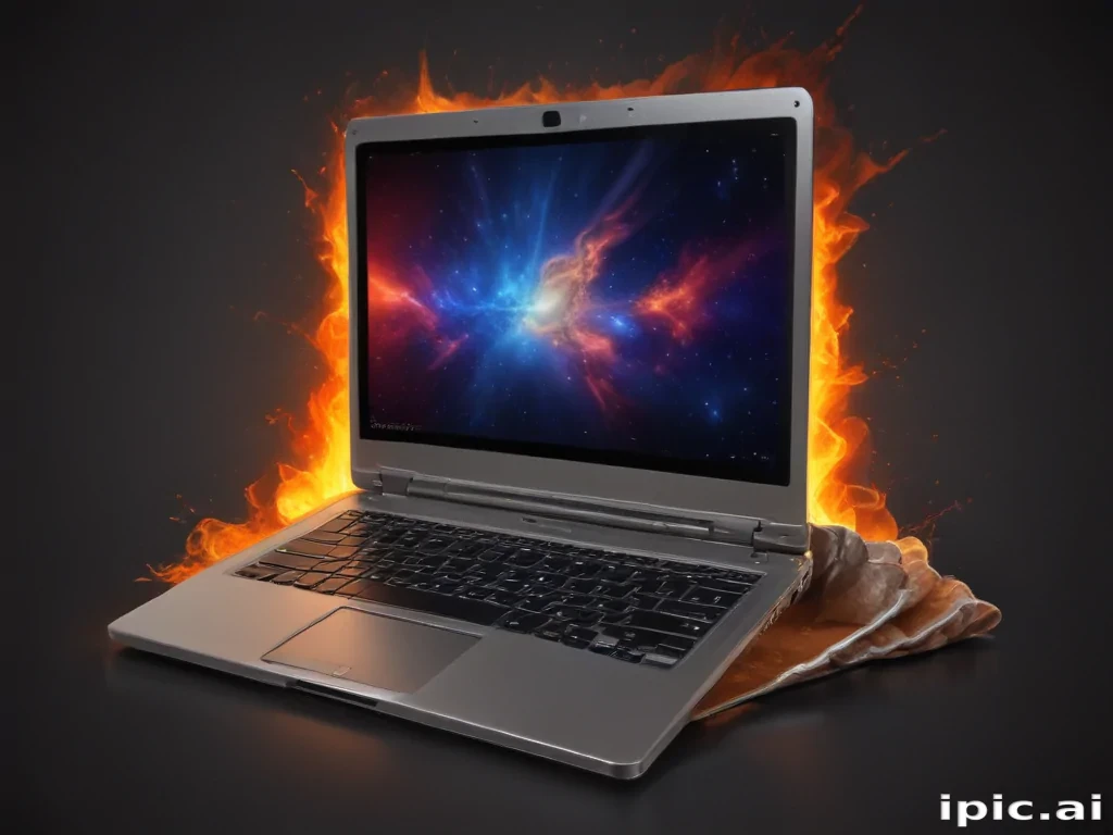 Explosive Cosmic Display: A Laptop Surrounded by Fiery Galactic Energy