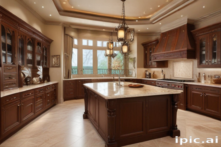 Elegant Modern Kitchen Design Featuring Rich Wood Cabinets and Marble ...