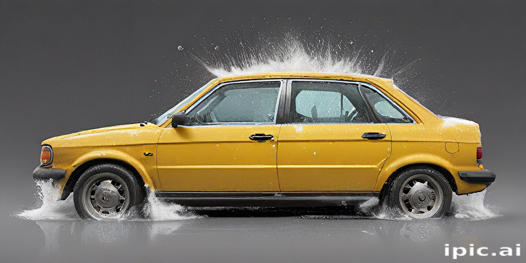 Classic Yellow Car Splashing Through Water in Dynamic Studio Setting