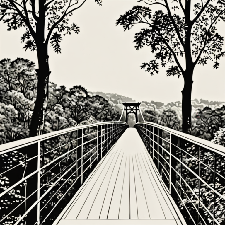 simple black and white only drawing of hanging bridge as logo
